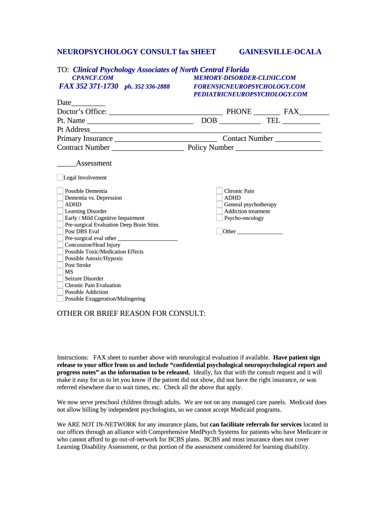 NEUROPSYCHOLOGY CONSULT SHEET Doc Template | pdfFiller
