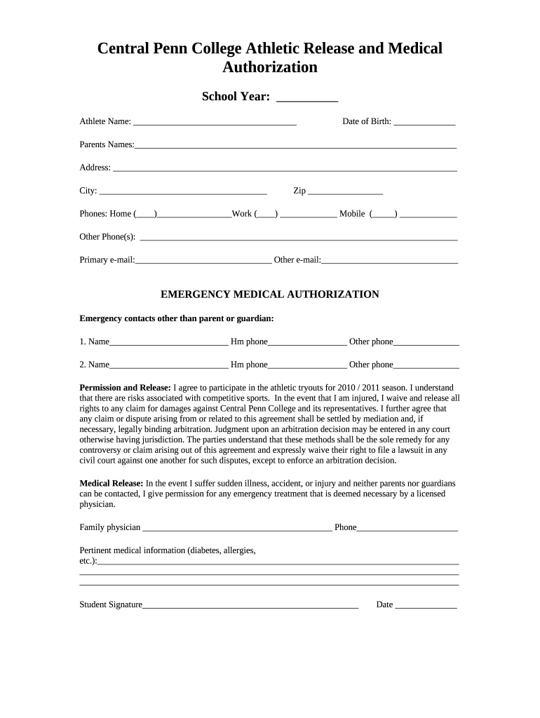 Central Penn College Athletic Release and Medical Authorization Doc Template | pdfFiller