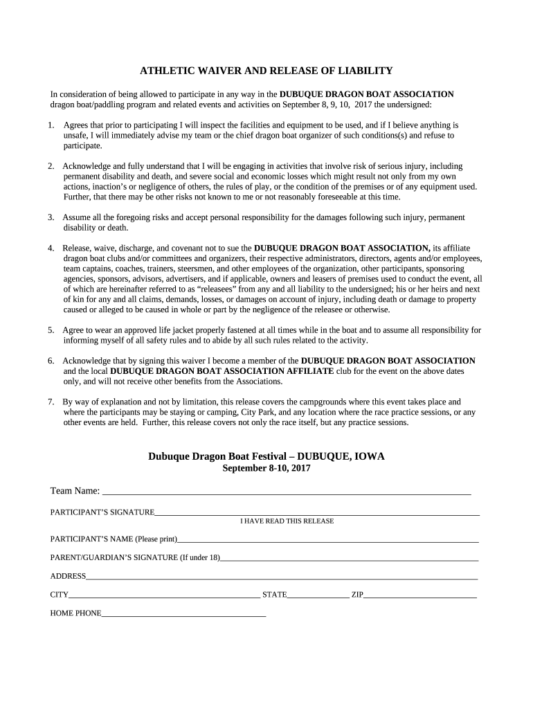 Athletic Waiver - Dubuque Dragon Boat Festival Doc Template | pdfFiller