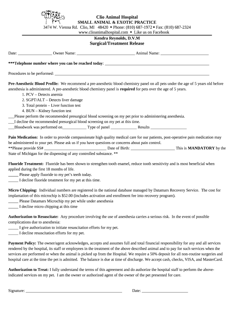Feline Surgery Consent - Sunset View Pet Hospital Doc Template | pdfFiller