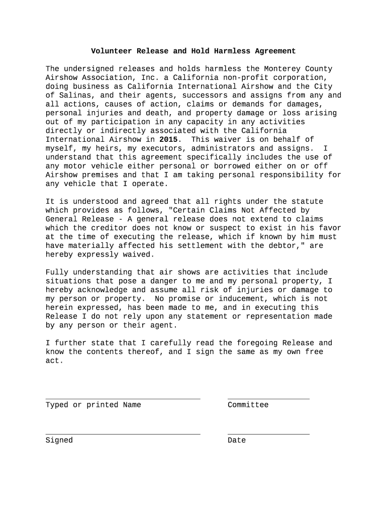 Volunteer Release and Hold Harmless Agreement The ... Doc Template | pdfFiller