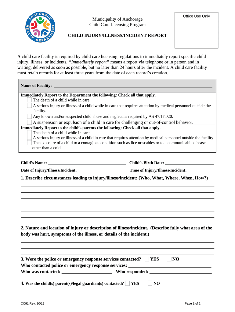 CC91 CHILD INJURY / ILLNESS / INCIDENT REPORT Doc Template | pdfFiller