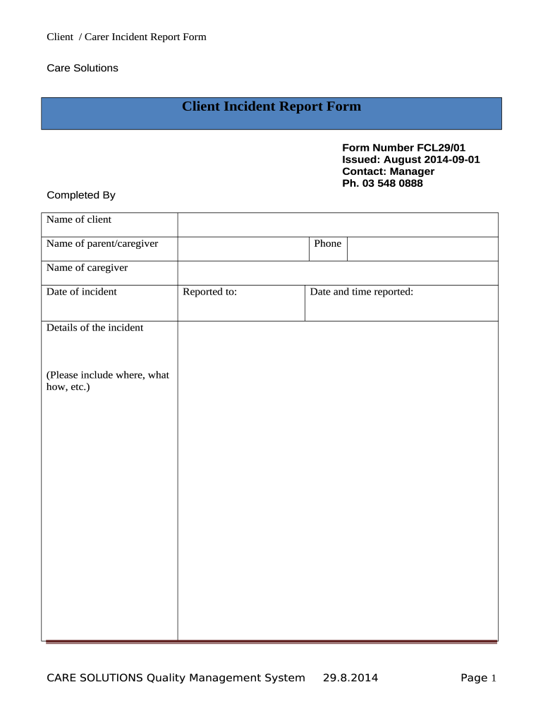 Client Incident Report - Care Solutions Doc Template | pdfFiller