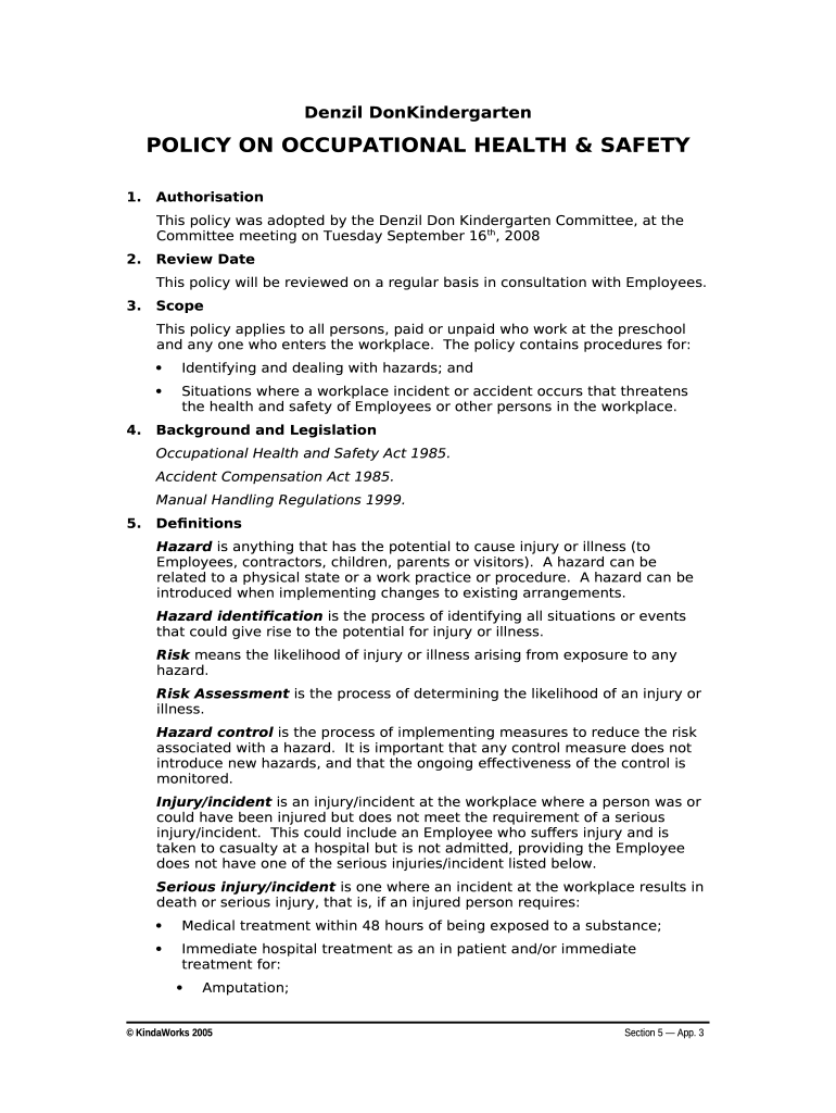 DENZIL DON KINDERGARTEN OCCUPATIONAL HEALTH AND SAFETY POLICY Doc ...