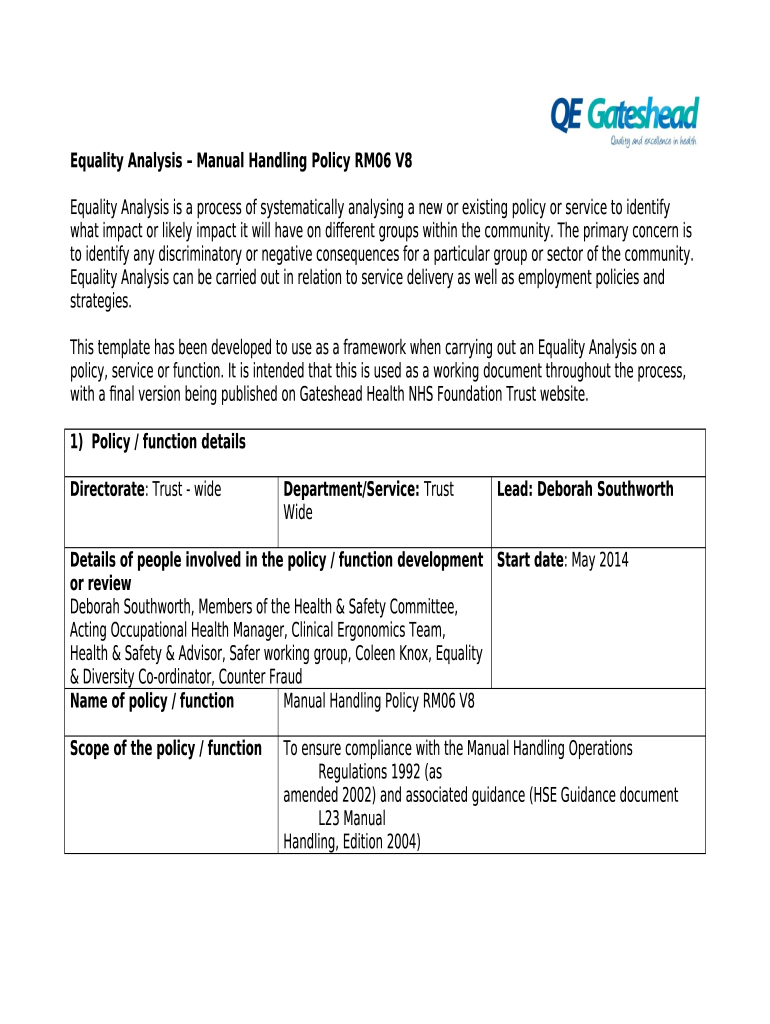 Lifting Equipment Protocol - Equality Analysis Doc Template | pdfFiller