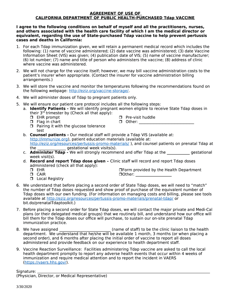 Tdap Vaccine Distribution Program Usage Agreement Doc Template | pdfFiller