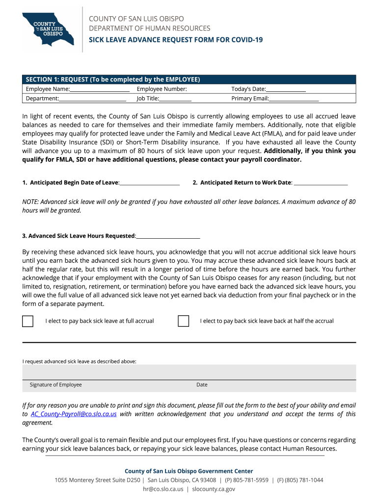 Fillable Online Advanced Sick Leave Request for COVID19 Eform - San Luis ... Fax Email Print ...