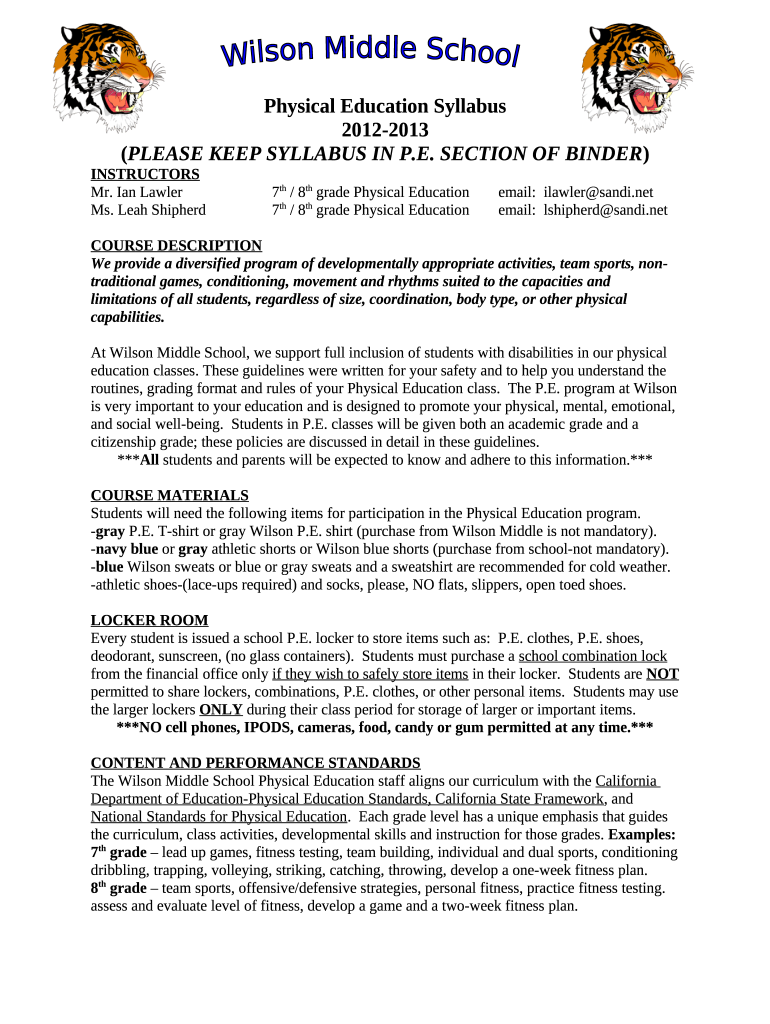 Wilson Middle School Physical Education Guidelines Doc Template | pdfFiller