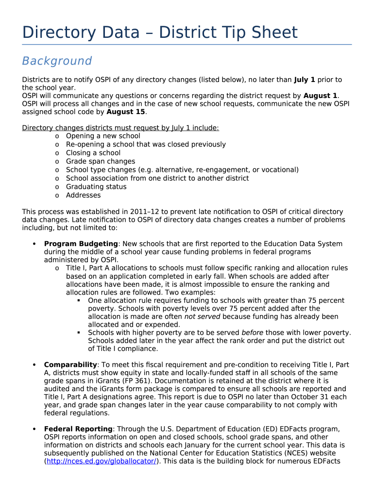Directory Data District Tip Sheet Doc Template | pdfFiller