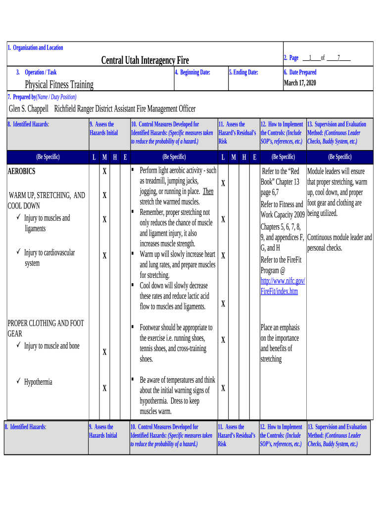Physical Fitness Training. Fishlake N.F. Richfield R.D. Risk Assessment ...