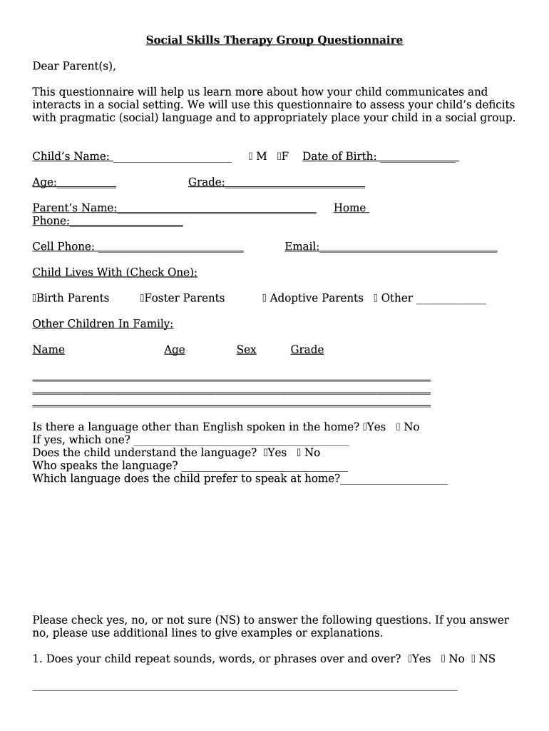 Social Skills Therapy Group Questionnaire Doc Template | pdfFiller