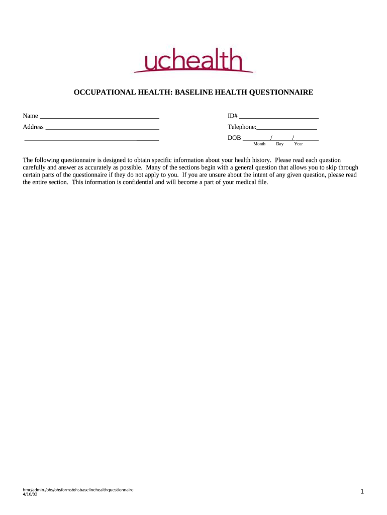OHS Baseline Health Questionnaire Doc Template | pdfFiller