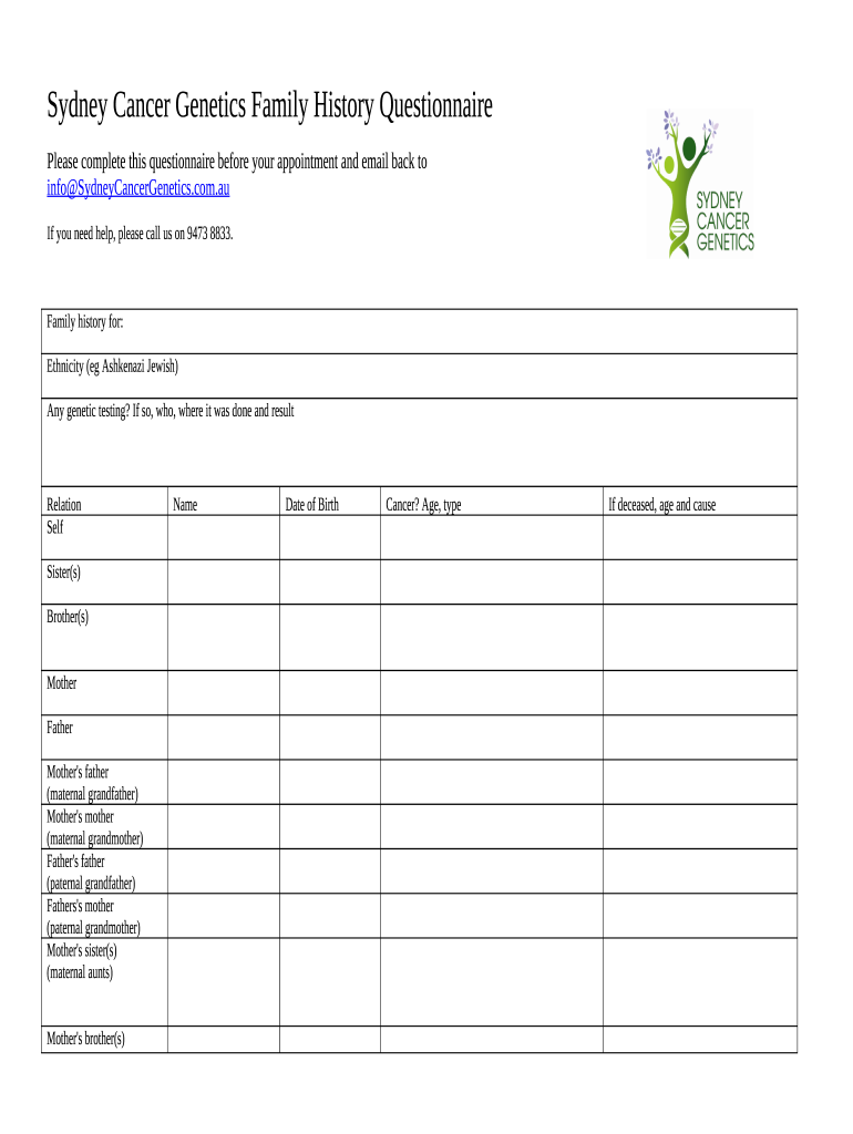 Sydney Cancer Genetics Family History Questionnaire Doc Template ...