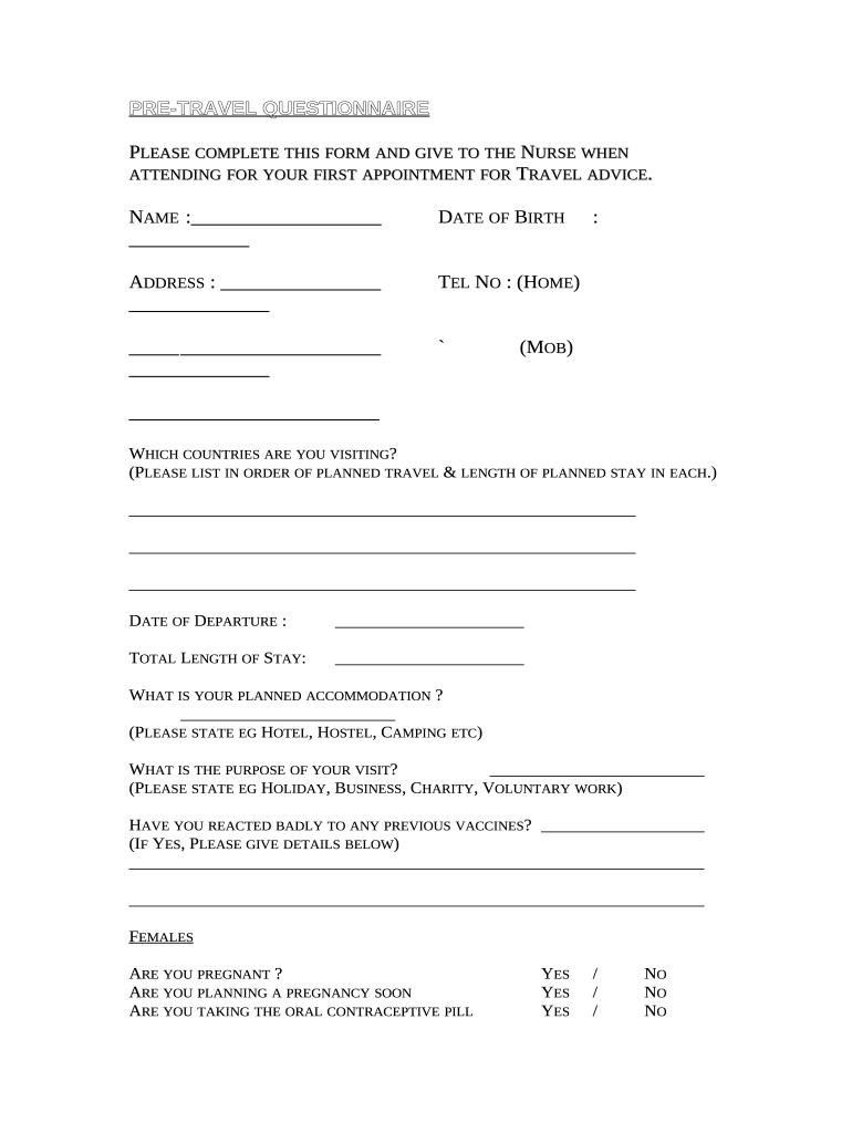 Pre-Travel QuestionnaireStudent Health Center Doc Template | pdfFiller