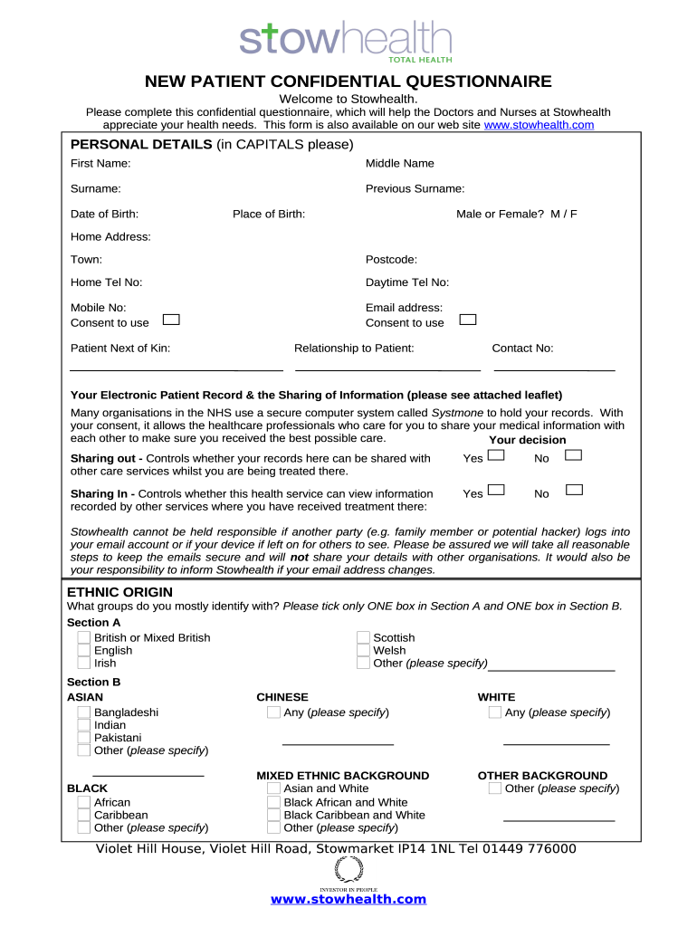 NEW PATIENT CONFIDENTIAL QUESTIONNAIRE - Stowhealth Doc Template ...
