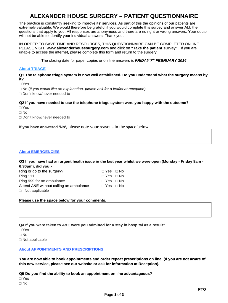 ALEXANDER HOUSE SURGERYPATIENT QUESTIONNAIRE Doc Template | pdfFiller