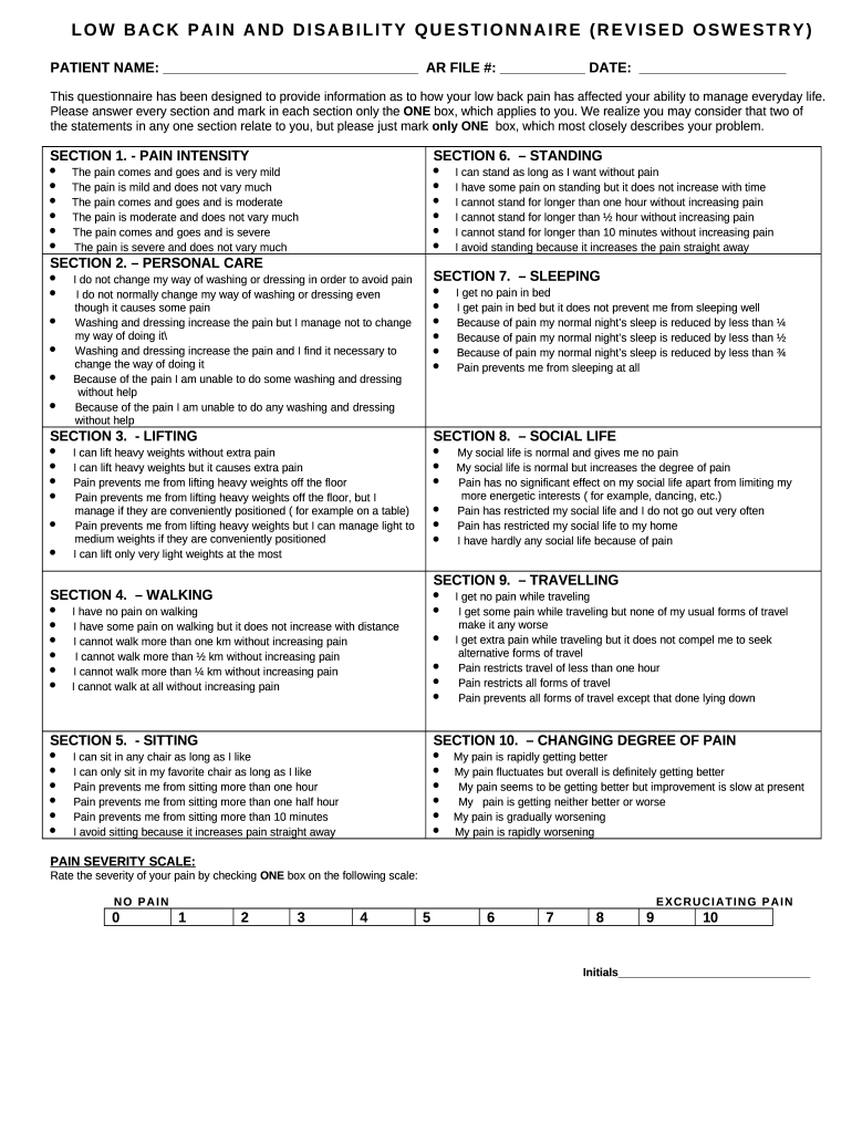 LOW BACK PAIN AND DISABILITY QUESTIONNAIRE (REVISED OSWESTRY) Doc ...