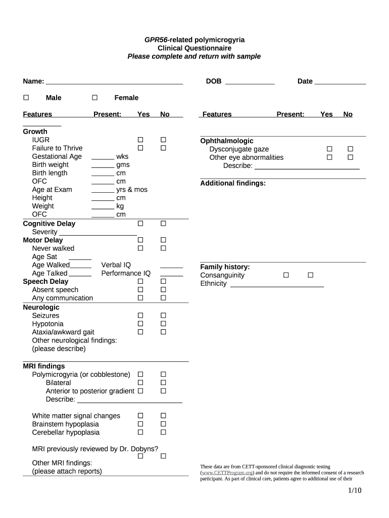 Cornelia de Lange Syndrome Clinical Questionnaire Doc Template | pdfFiller