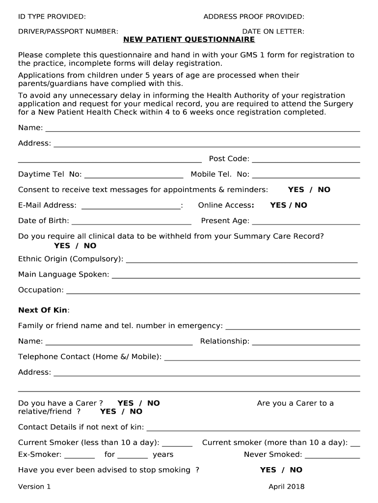NEW PATIENT QUESTIONNAIRE - Burnham Surgery Doc Template | pdfFiller
