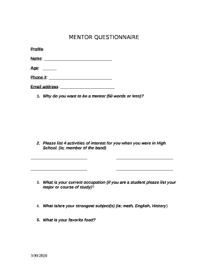 MENTOR QUESTIONNAIRE (Adult) Doc Template | pdfFiller