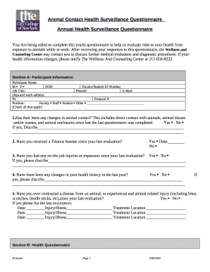 Animal Contact Health Surveillance Questionnaire Doc Template | pdfFiller