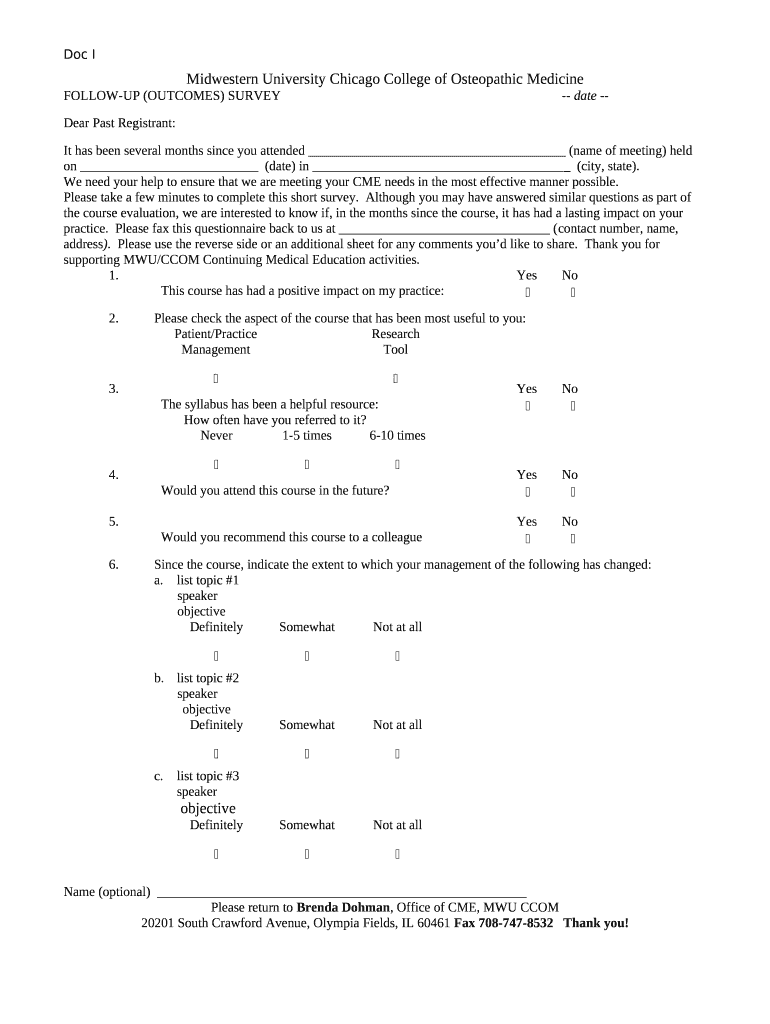 SIMPLE FOLLOW-UP (OUTCOMES) SURVEY Doc Template | pdfFiller
