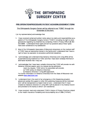 PRE-OPERATION/PROCEDURE PATIENT ACKNOWLEDGEMENT Doc Template | pdfFiller