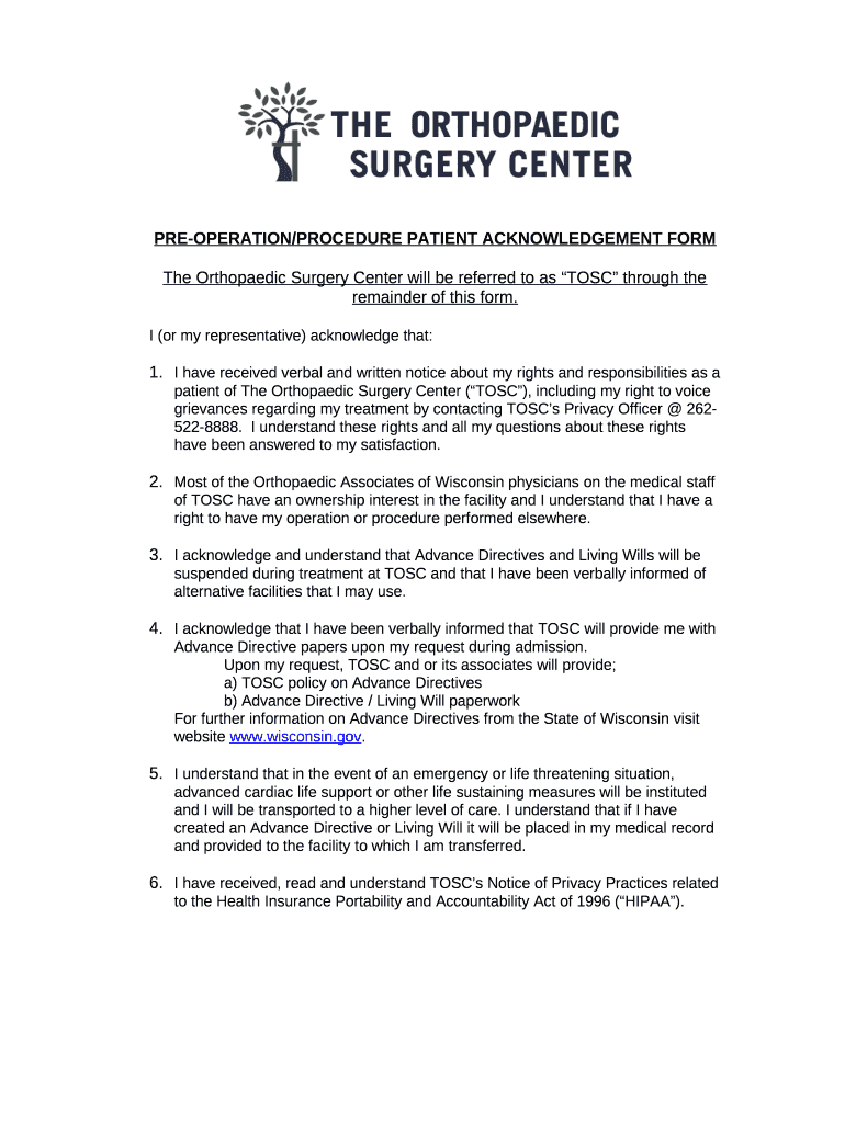 PRE-OPERATION/PROCEDURE PATIENT ACKNOWLEDGEMENT Doc Template | pdfFiller