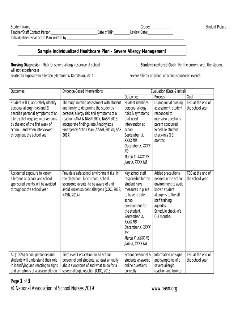 Sample Individualized Healthcare PlanSevere Allergy ... - Fill and Sign ...