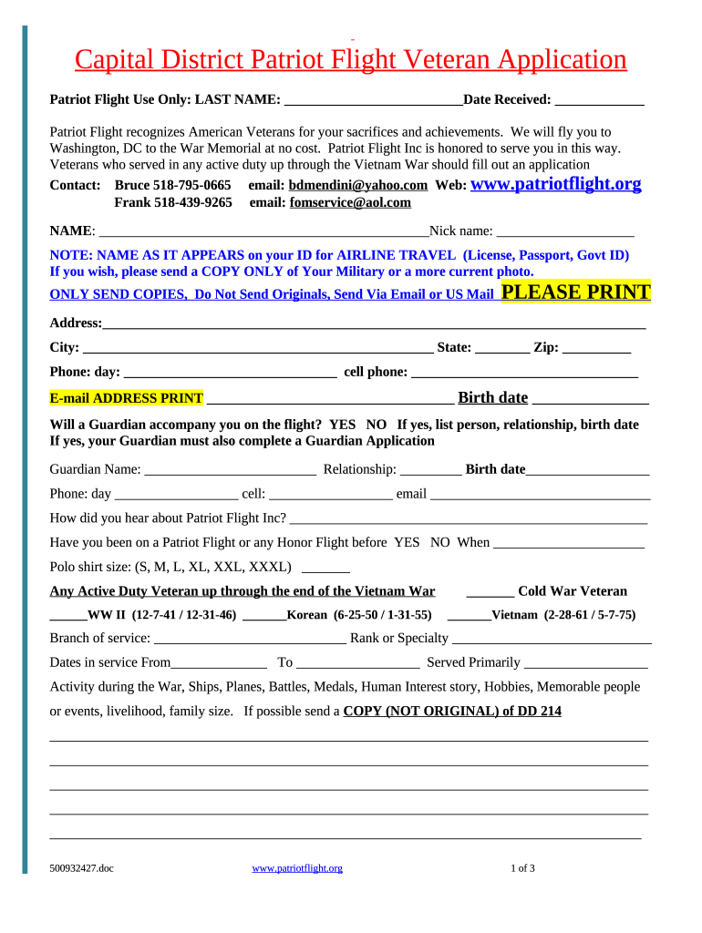 FOR HONOR FLIGHT USE ONLY Last Name ... - Patriot Flight Doc Template ...