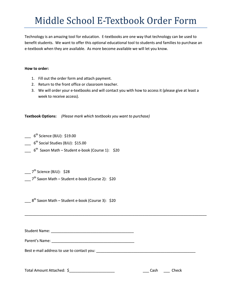 Fillable Online Middle School E-Textbook Order Form Fax Email Print ...