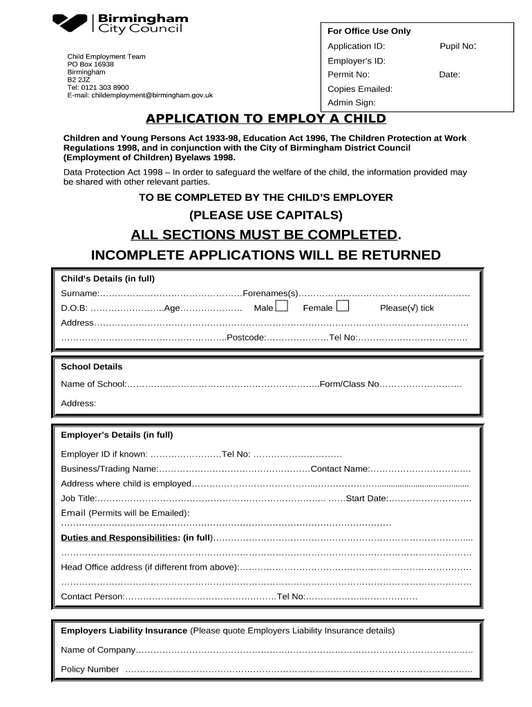 EMPLOYMENT OF SCHOOL CHILDREN : APPLICATION Doc Template | pdfFiller