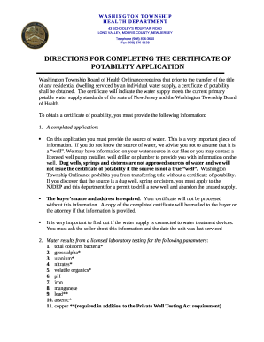 DIRECTIONS FOR COMPLETING THE CERTIFICATE OF POTABILITY APPLICATION Doc ...