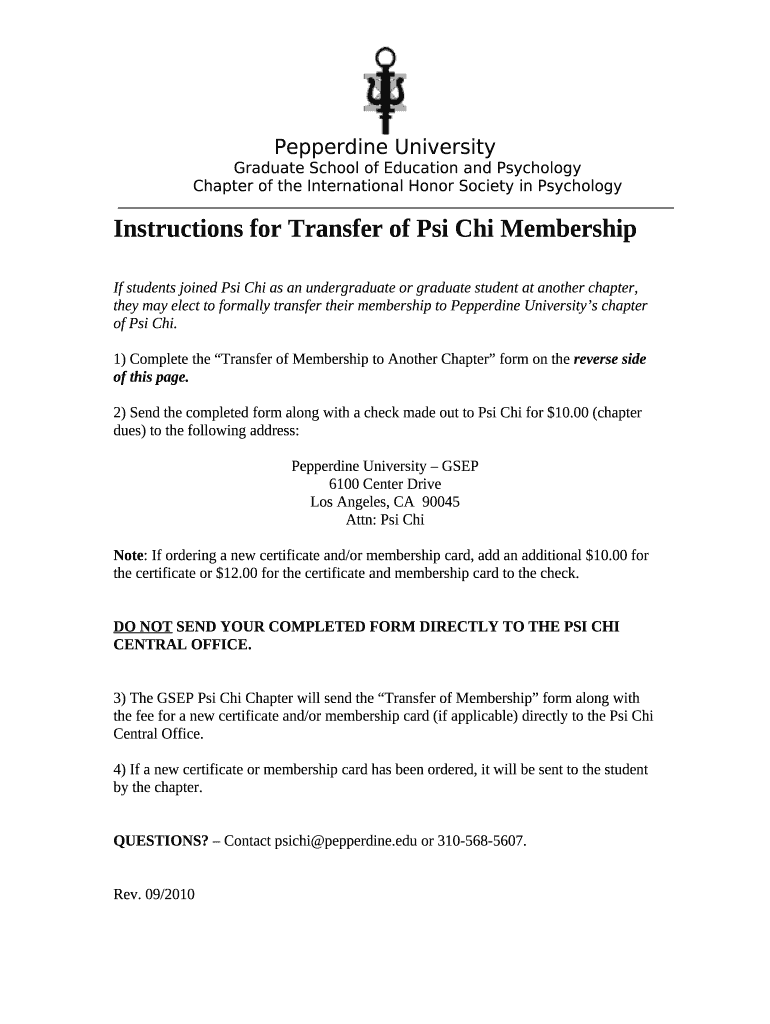 Instructions For Transfer Of Psi Chi Membership Doc Template PdfFiller