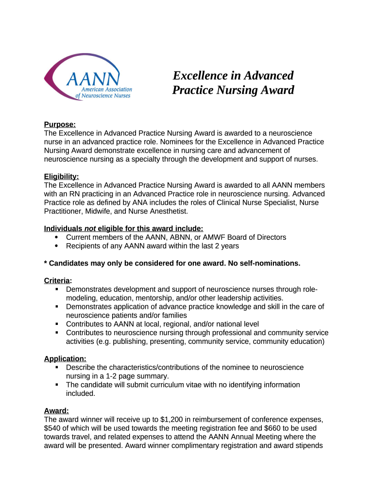 Excellence In Nursing Awards - Awards & Events Doc Template | pdfFiller