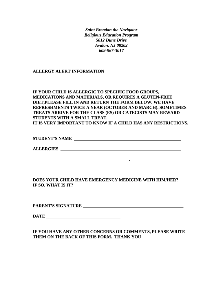 ALLERGY ALERT INATION Doc Template | pdfFiller