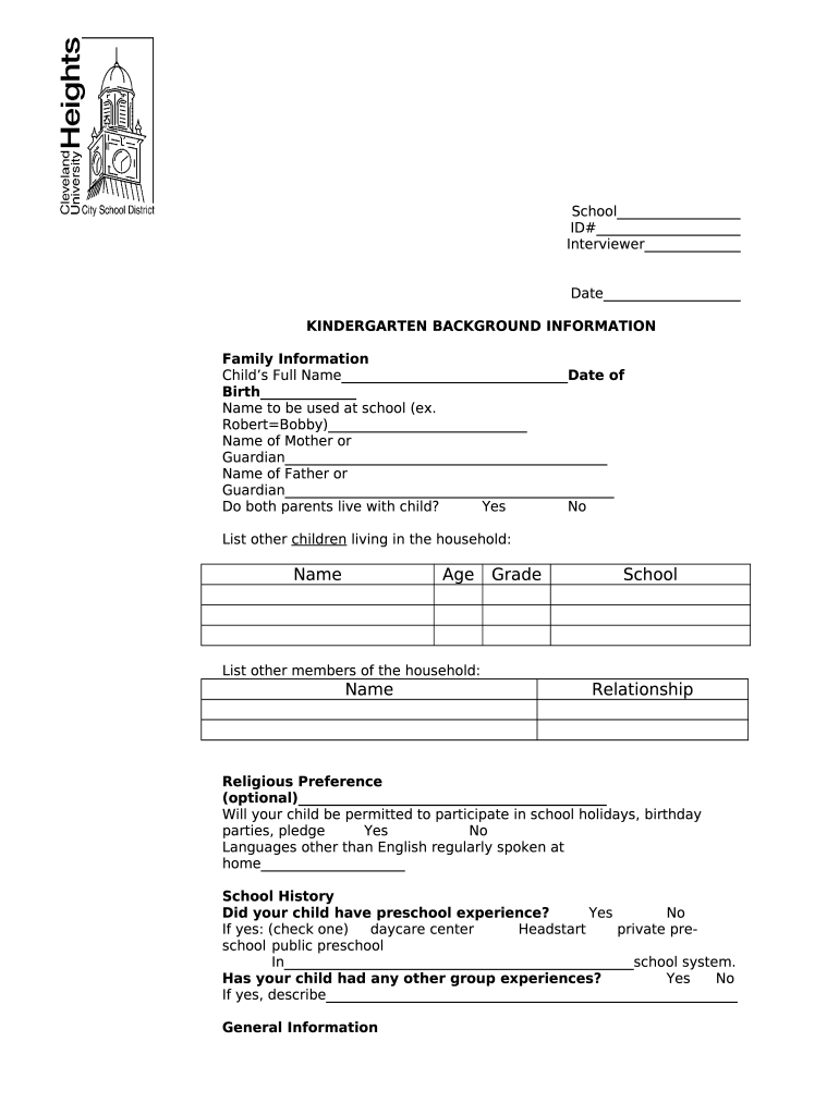 Kindergarten Background Info. Kindergarten screening Doc Template ...