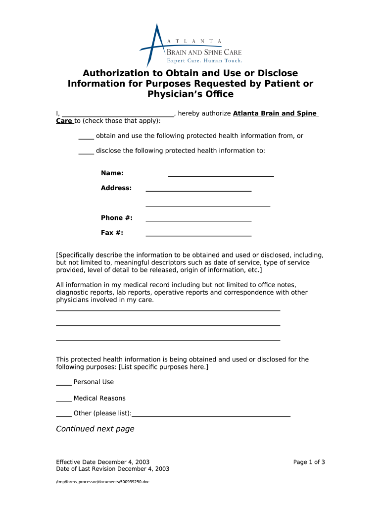 I, , hereby authorize The Atlanta Brain and Spine Care to (check those that apply) Doc Template ...