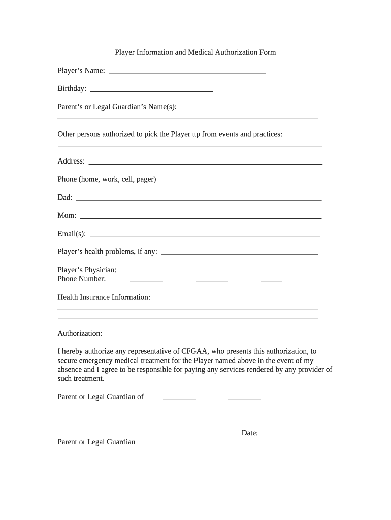 Player Ination and Medical Authorization Doc Template | pdfFiller