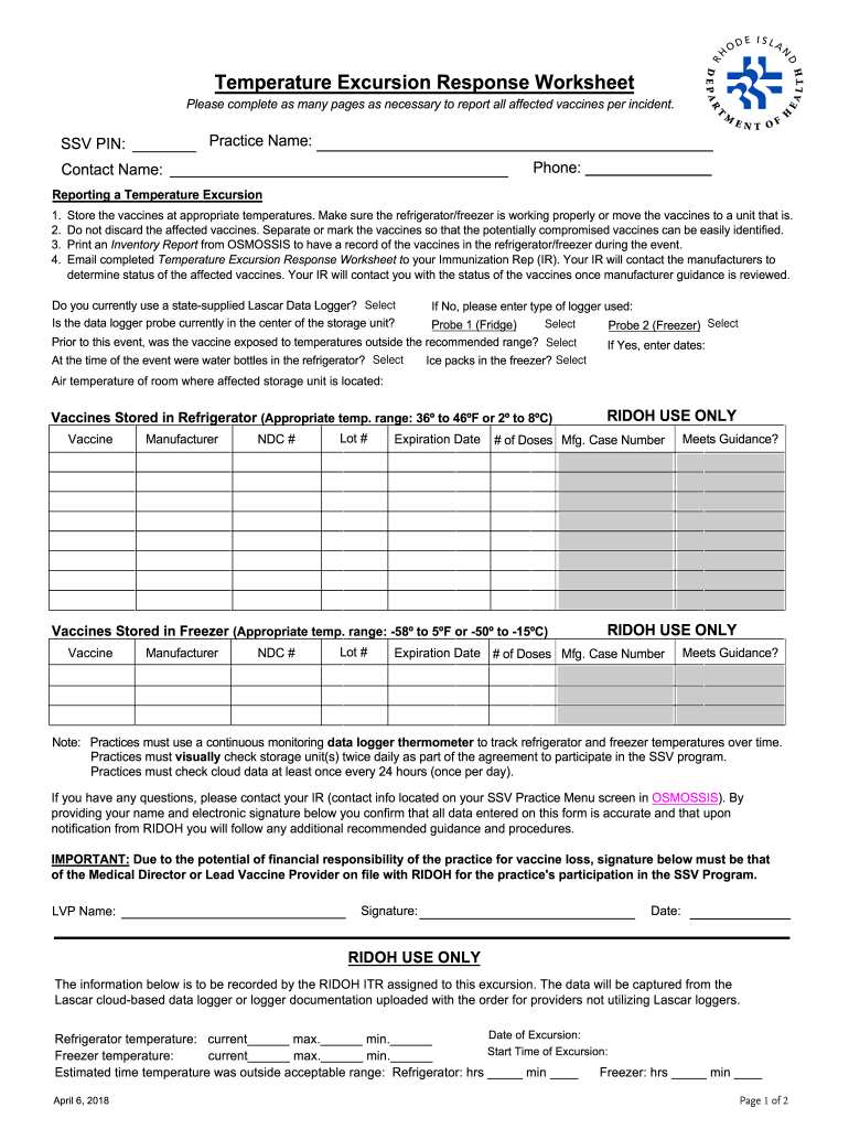 RI DoH Temperature Excursion Response Worksheet 2018-2022 - Fill and ...