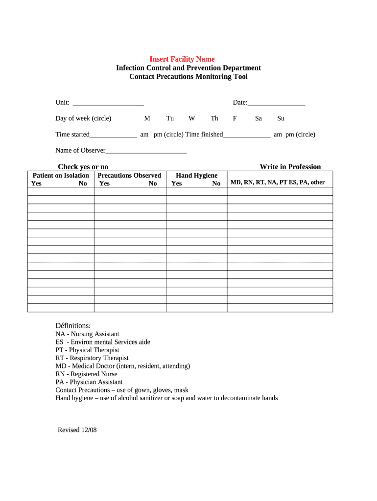 Contact Precautions Monitoring Tool Doc Template | pdfFiller