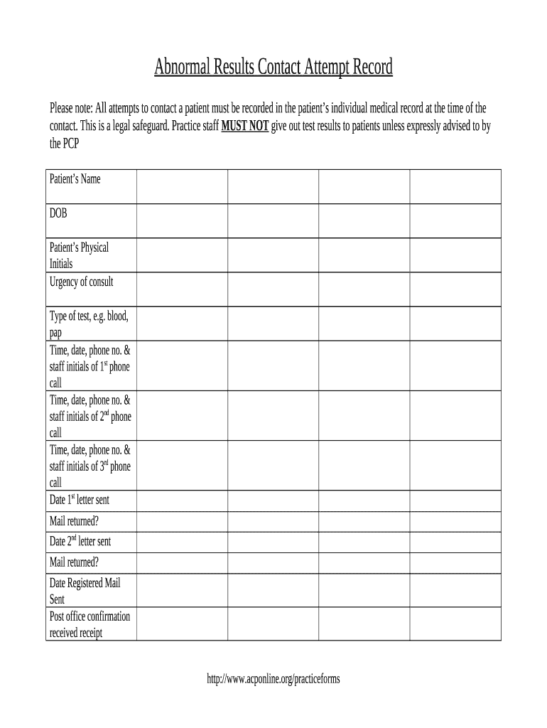 Abnormal Results Contact Attempt Record Doc Template | pdfFiller