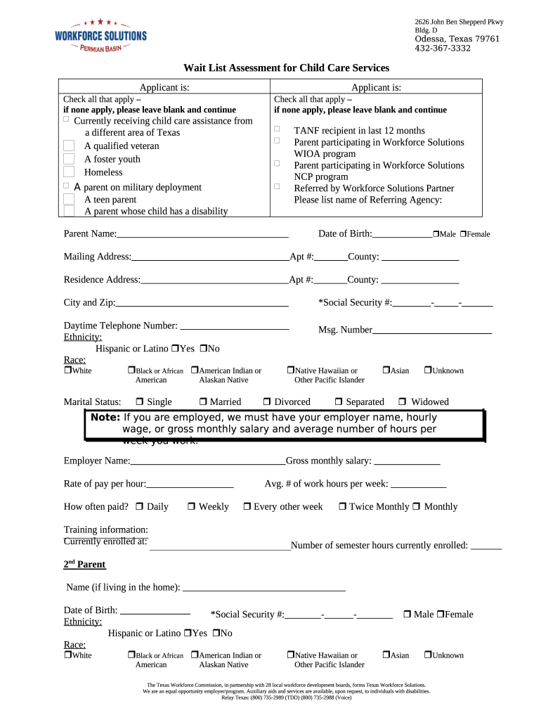 Wait List Assessment for Child Care Services Doc Template | pdfFiller