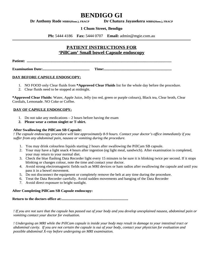'PillCam ' Small bowel Capsule endoscopy Doc Template | pdfFiller