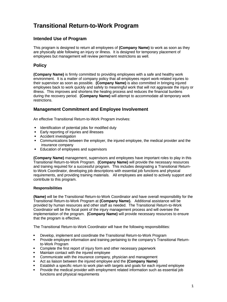Transitional Return-to-Work Program Doc Template | pdfFiller