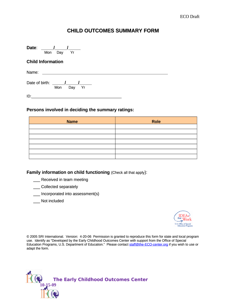 CHILD OUTCOMES SUMMARY - arksped.k12.ar.us Doc Template | pdfFiller