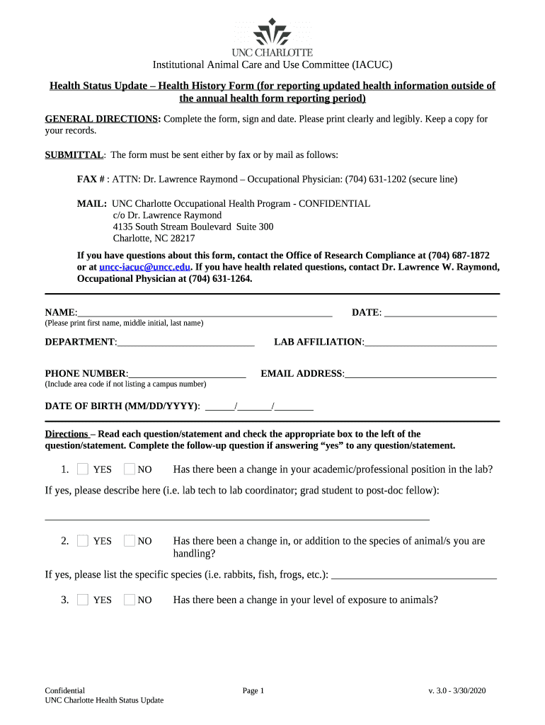 Health Status Update - Health History (for reporting updated health ...