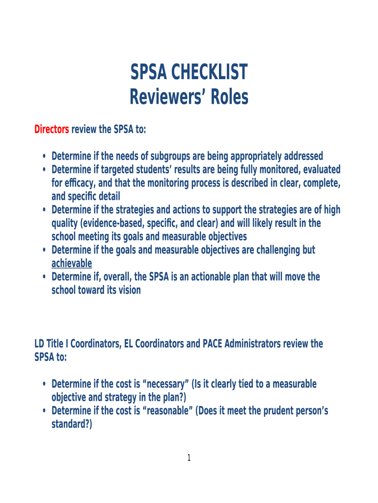 SPSA CHECKLIST Reviewers' Roles Directors review ... - lausd Doc Template | pdfFiller