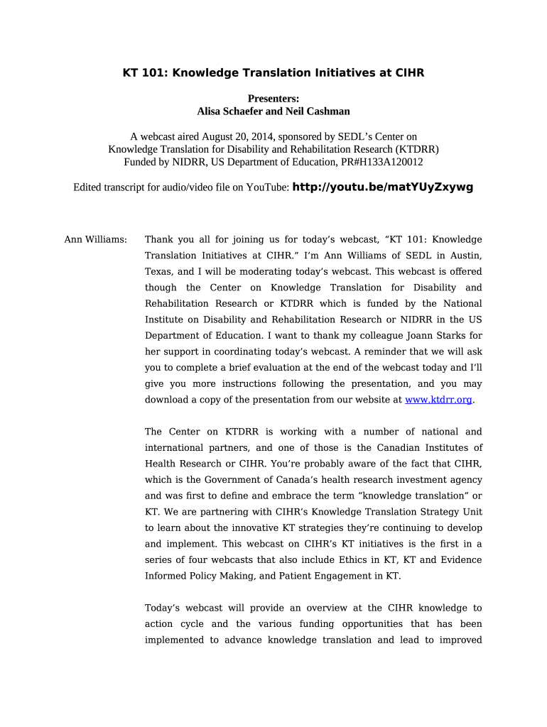 KT 101: Knowledge Translation Initiatives at CIHR - YouTube Doc ...