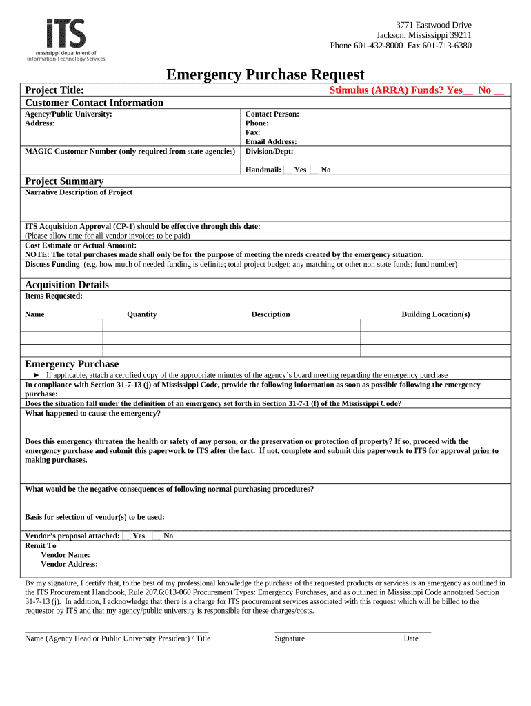 Mississippi Emergency Purchase Request Download ... Doc Template ...